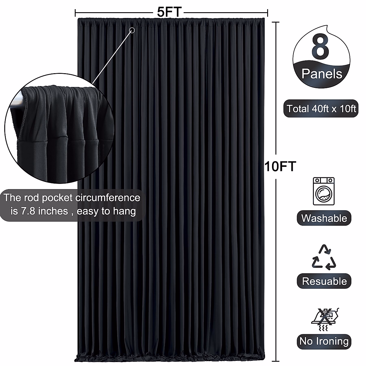 8 Panels Black Backdrop Curtain for Parties Wrinkle Free Black Photo Curtains Backdrop Drapes Fabric Decoration for Birthday Party Wedding 40ft(W) x 10ft(H)