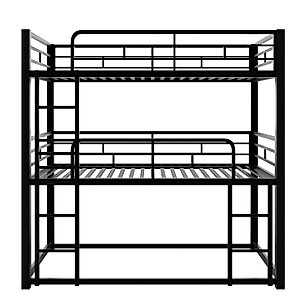 Heavy Duty Triple Bunk Bed Twin Over Twin Over Twin, Metal 3 Bunk Bed with 2 Ladder and Guardrail, Twin Size Triple Bunk Bed for Kids, Teens, Black