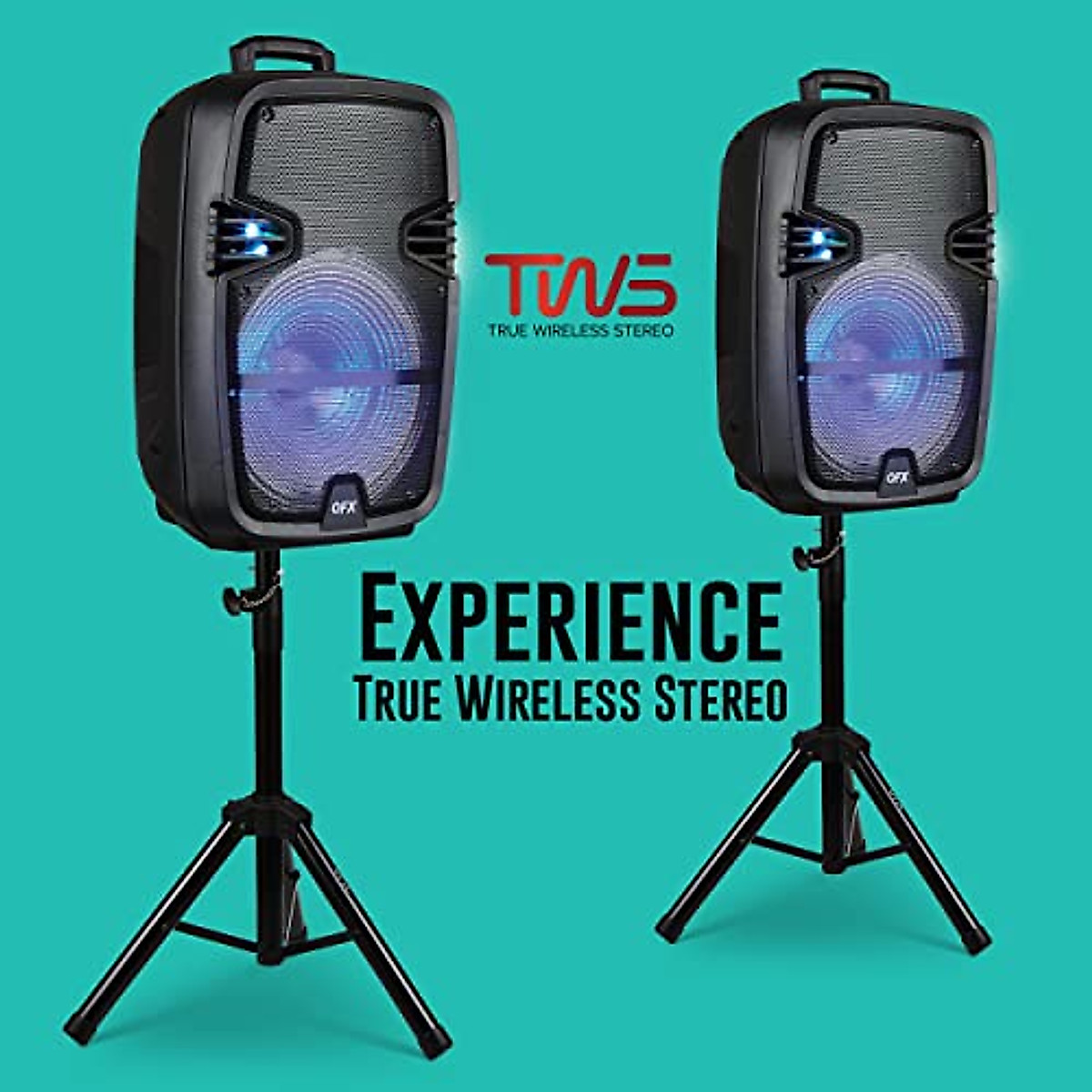 QFX PBX-616SM 15" Bluetooth Rechargeable Speaker with LED Lights, Mic and Stand