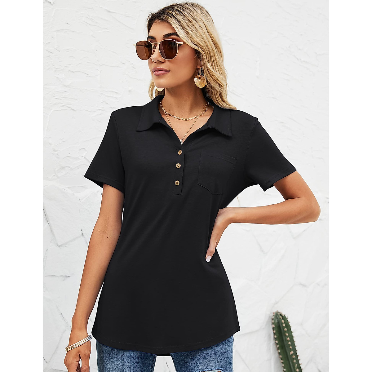 TFSDOD Womens Casual Polo T Shirts V Neck Short Sleeve Button Down Business Casual Tops Loose Work Blouses Black S