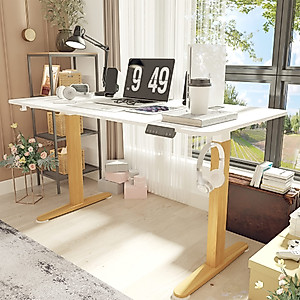 Monomi Electric Standing Desk, 55 x 28 inches Height Adjustable Desk, Ergonomic Home Office Sit Stand Up Desk with Memory Preset Controller (White Top/Wood Grain Frame)