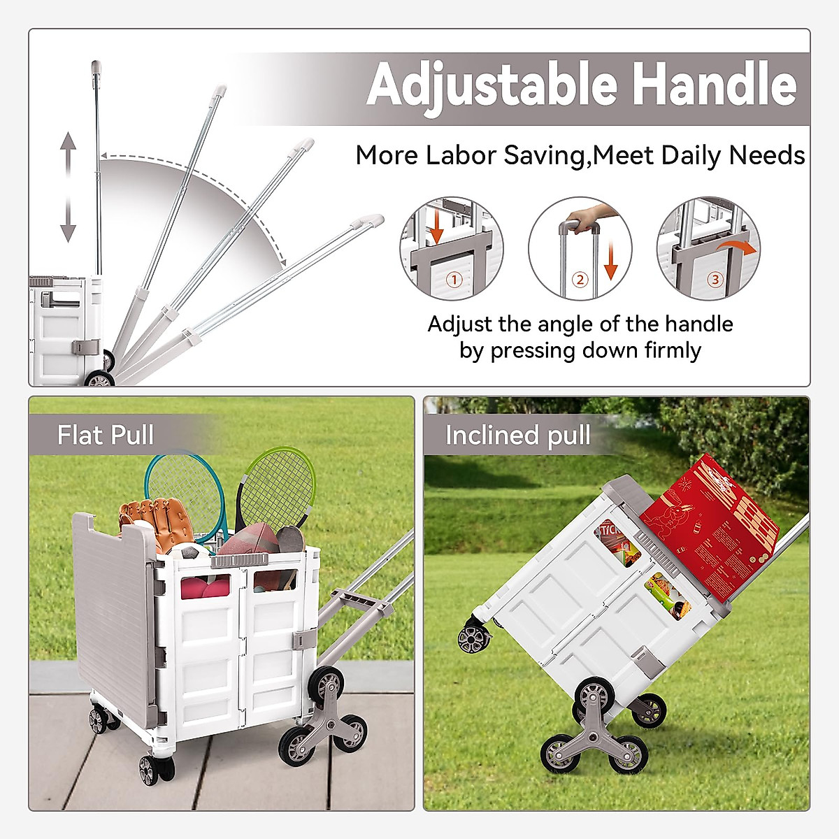 Foldable Utility Cart Portable Crate Rolling Dolly with Telescopic Handle,Can be Pulled diagonally, Magnetic Retractable Lid, 360°Swivel Climbing Wheels for Shopping Carrying Groceries Move White