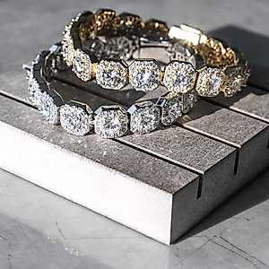 JINAO Silver Tennis Bracelet for Men Women 1 Row 10MM 14k Gold Plated Iced Out Round Cubic Zirconia Cluster Square Halo Wrist Chain Jumbo Bracelet (Silver, 7.0)