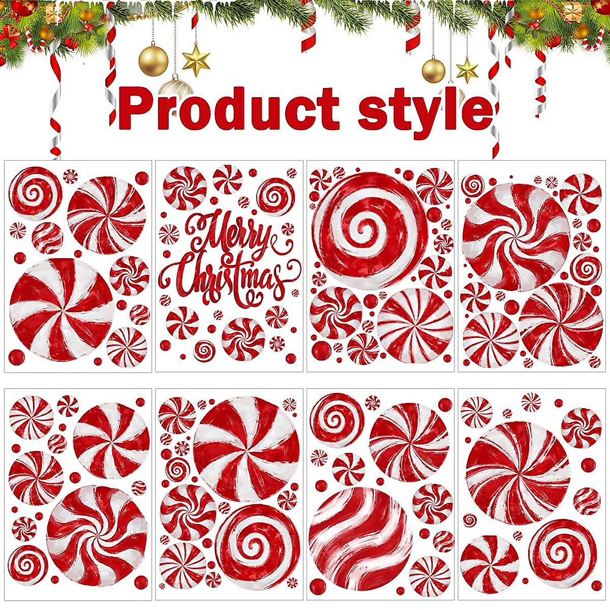DULEFUN 8 Sheets Christmas Window Clings, Candy Window Decals Oil Painting Christmas Red Candy Stickers for Xmas Home Office School Decor Winter Glass Window Decoration
