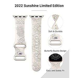 Sunflower Engraved Band Compatible with Apple Watch Bands 38mm 40mm 41mm Women Girls, TOYOUTHS Floral Lace Cute Fancy Fashion Stretchy Sport Silicone Flower Straps for iWatch Series 8/7/6/5/4/3/2/1/SE