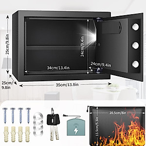 1.2 Cuft Fire Proof Safe Boxes for Home, Digital Home Security Safe Box with Fireproof Money Bag, Combio Keypad and Spare Keys, Personal Safe Fireproof Lock Box for Home Medicine Valuable Document