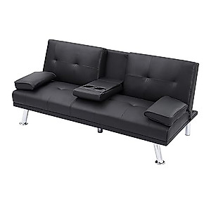 PAPAHUG Convertible Versatile Sleeper Folding Futon Bed,Adjustable Faux Leather Sofa Couch for Living Room,Metal Legs, 2 Cup Holders