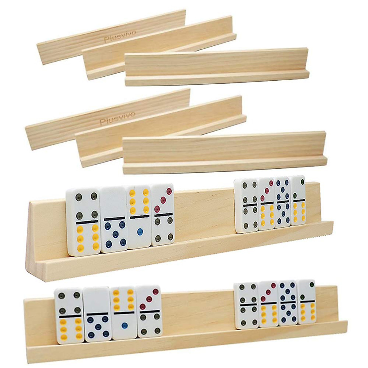Domino Racks Set of 8, Mexican Train Dominoes Trays, Wooden Domino Holders for Mexican Train, Chickenfoot Combo, Mahjong and Other Dominoes Games13.97 x 2 x 1.18 Inches - Dominoes NOT Included