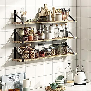 Fixwal Floating Shelves, 36 Inch Wall Bookshelf Set of 3, Large Floating Book Shelves for Wall Decor, Rustic Wood Wall Storage Shelves for Bedroom, Living Room, Kitchen, Bathroom (Carbonized Black)