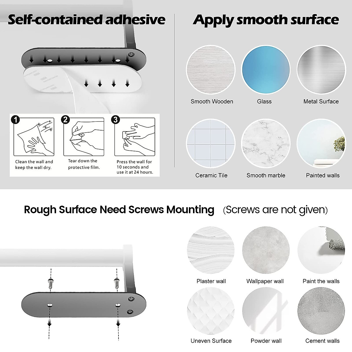 Paper Towel Holder Under Cabinet and Counter, Tclouda Aluminum Alloy Wall Mountd Paper Towel Rack, Available in Adhesive and Screws, Single Black