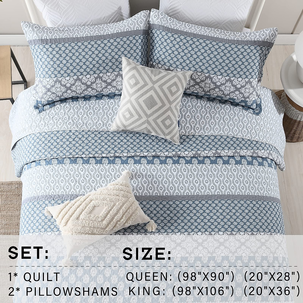 PERHOM Blue Quilt Queen Size - Queen Quilt Set, 100% Long-Staple Cotton Floral Quilt Bedding Set Bedspreads, Patchwork Reversible Lightweight Comforter Bed Spread for All Season, Blue/Gray, 3 Pieces