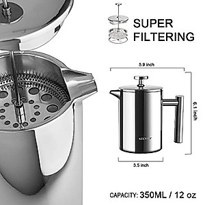Secura French Press Coffee Maker, 304 Grade Stainless Steel Insulated Coffee Press with 2 Extra Screens, 12oz (0.35 Litre), Silver (SFP-12DS)