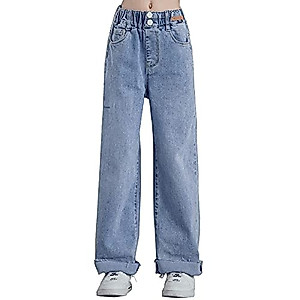 YaYabroe Kids Girls Ripped Jeans Washed Elastic Waist Wide Leg Baggy Pants Size 5-14 Years (Light Blue, 12-13 Years)