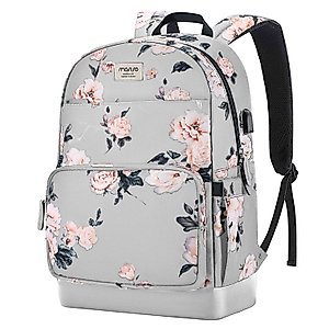 MOSISO 15.6-16 inch Laptop Backpack for Women, Polyester Anti-Theft Stylish Casual Daypack Bag with Luggage Strap & USB Charging Port, Camellia Travel Backpack, Grey