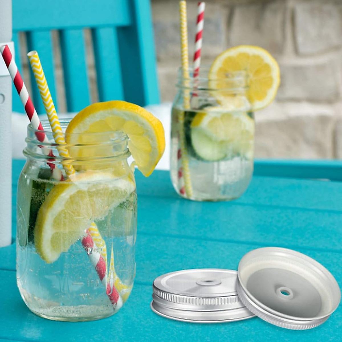 2pcs Mason Jar Straw Lids 3.3in Sealing Lid with Hole Stainless Steel Perforated Cover Secure Jar Caps Leak Proof Canning Cap Drinking Jar Cover