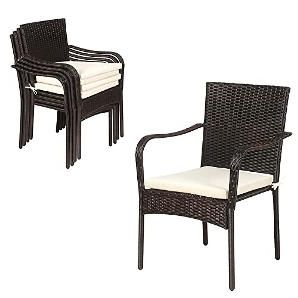 Tangkula Set of 4 Patio Dining Chairs, All Weather Stackable Rattan Chairs with Removable Cushions and Armrests, Outdoor Bistro Wicker Dining Chair Set for Balcony Poolside Backyard (Brown)