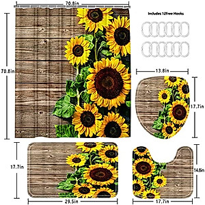 AZHM Wooden Sunflower Shower Curtain Sets with Rugs 4 Piece Bathroom Decor Set with Toilet Lid Cover Bath Mat Shower Curtain for Bathroom with 12 Hooks Waterproof Bathroom Curtains Shower Set