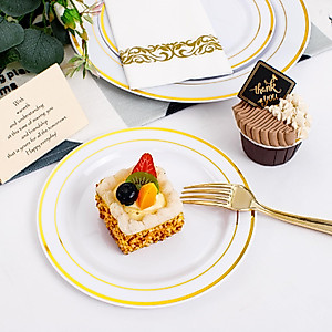 WDF 120 pieces Gold Disposable Plastic Plates - White and Gold Plates Include 10.25" Dinner Plates & 7.5" Salad Plates for Weddings and Party