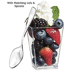zappy 42 5 oz Tall Square Mini Dessert Cups with Lids and Tasting Spoons, Large Dessert Glasses Shot Glasses Trifle Bowl, Clear Disposable Plastic Dessert Tumbler Cups Small Party Cups
