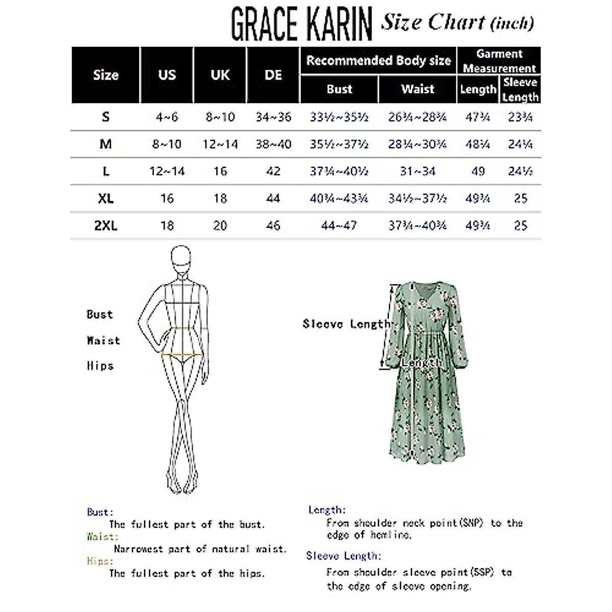 GRACE KARIN 2023 Women's Floral Print Dress V Neck Long Lantern Sleeve Bohemian Dress Elegant Flowy Dress Navy Blue XL