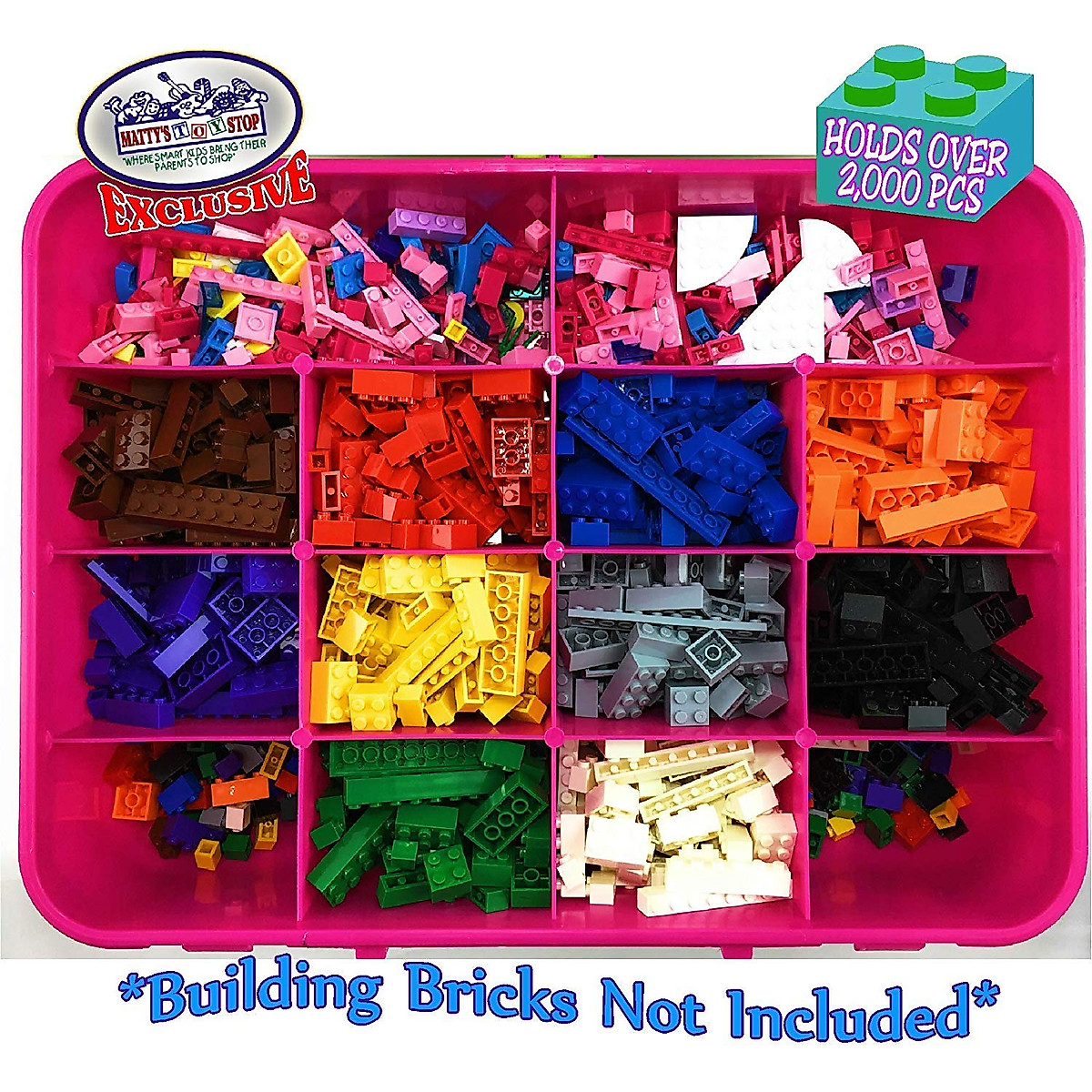 Matty's Toy Stop Brik-Kase 2.0 Travel, Building, Storage & Organizer Container Case with Building Plate Lid (Holds Approx 2000pcs) - Compatible with All Major Brands (Pink, Lime & Aqua)