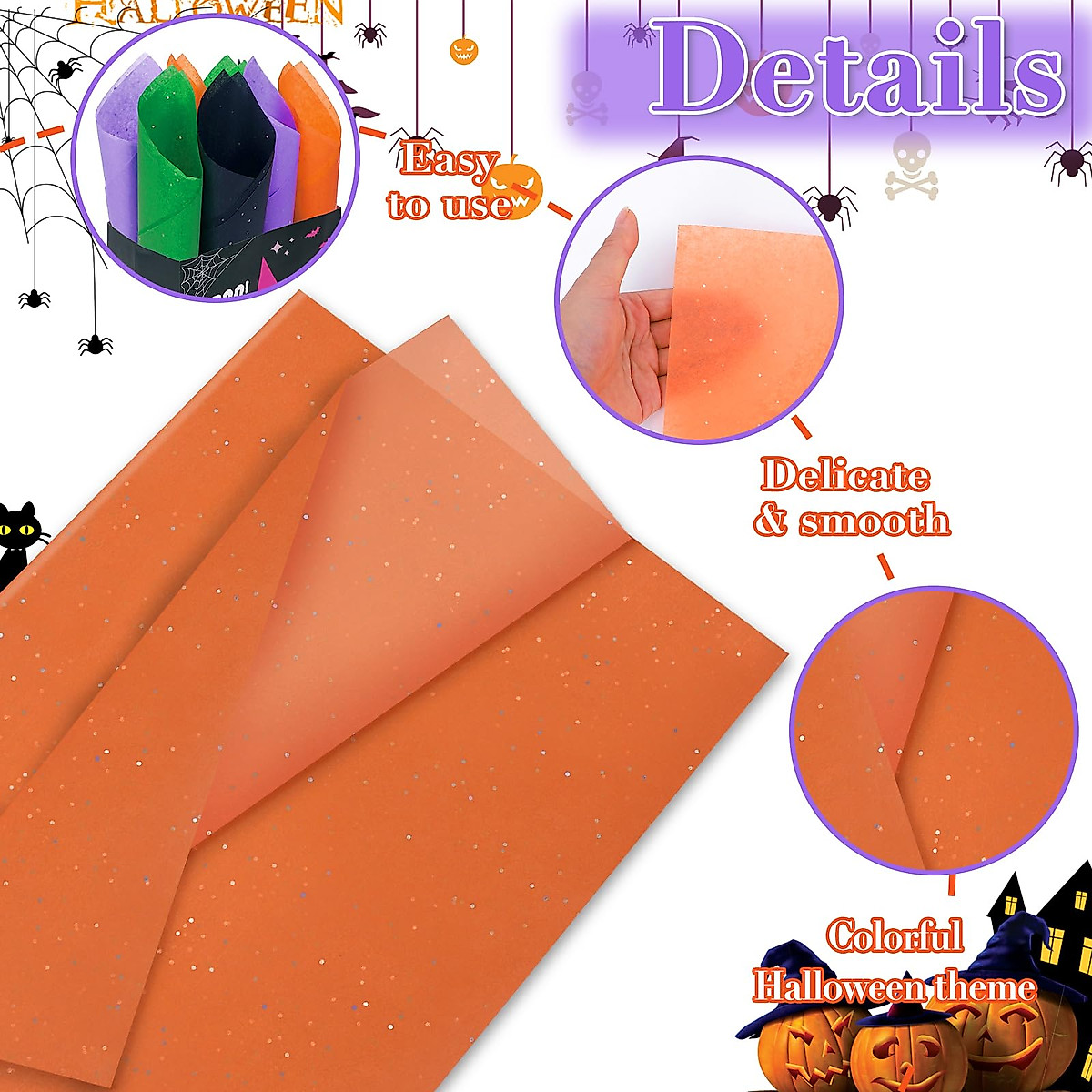 100 Sheets Halloween Sparkle Tissue Paper Bulk, Black Purple Orange Green Wrapping Paper with Glitter for Halloween DIY Crafts Halloween Party Decorations and Gift Wrapping, 14 x 20''