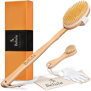 Premium Dry Brushing Body Brush Set by Belula- Natural Boar Bristle Body Brush, Exfoliating Face Brush & One Pair Bath & Shower Gloves. Free Bag & How To – Great Gift For A Glowing Skin & Healthy Body
