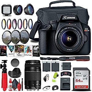 Canon EOS Rebel T100 / 4000D DSLR Camera with 18-55mm Lens, Canon EF 75-300mm Lens, 64GB Memory Card, Color Filter Kit, Case, Photo Software, 2 x LPE10 Battery + More (Renewed)