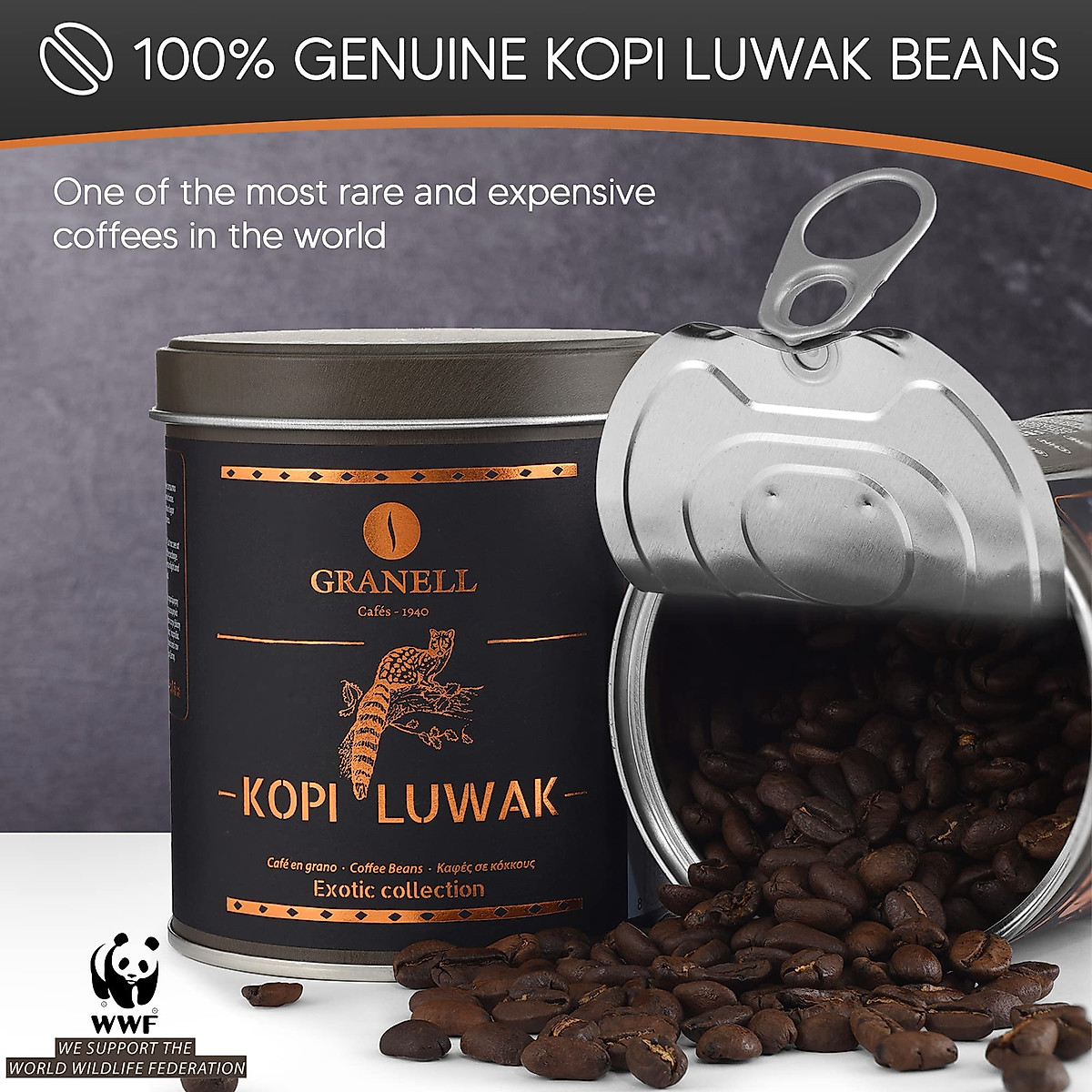 Cafés Granell Wild Civet Arabica Coffee Beans, Medium Roast Gourmet Indonesian Luwak Coffee Gifts, 100g