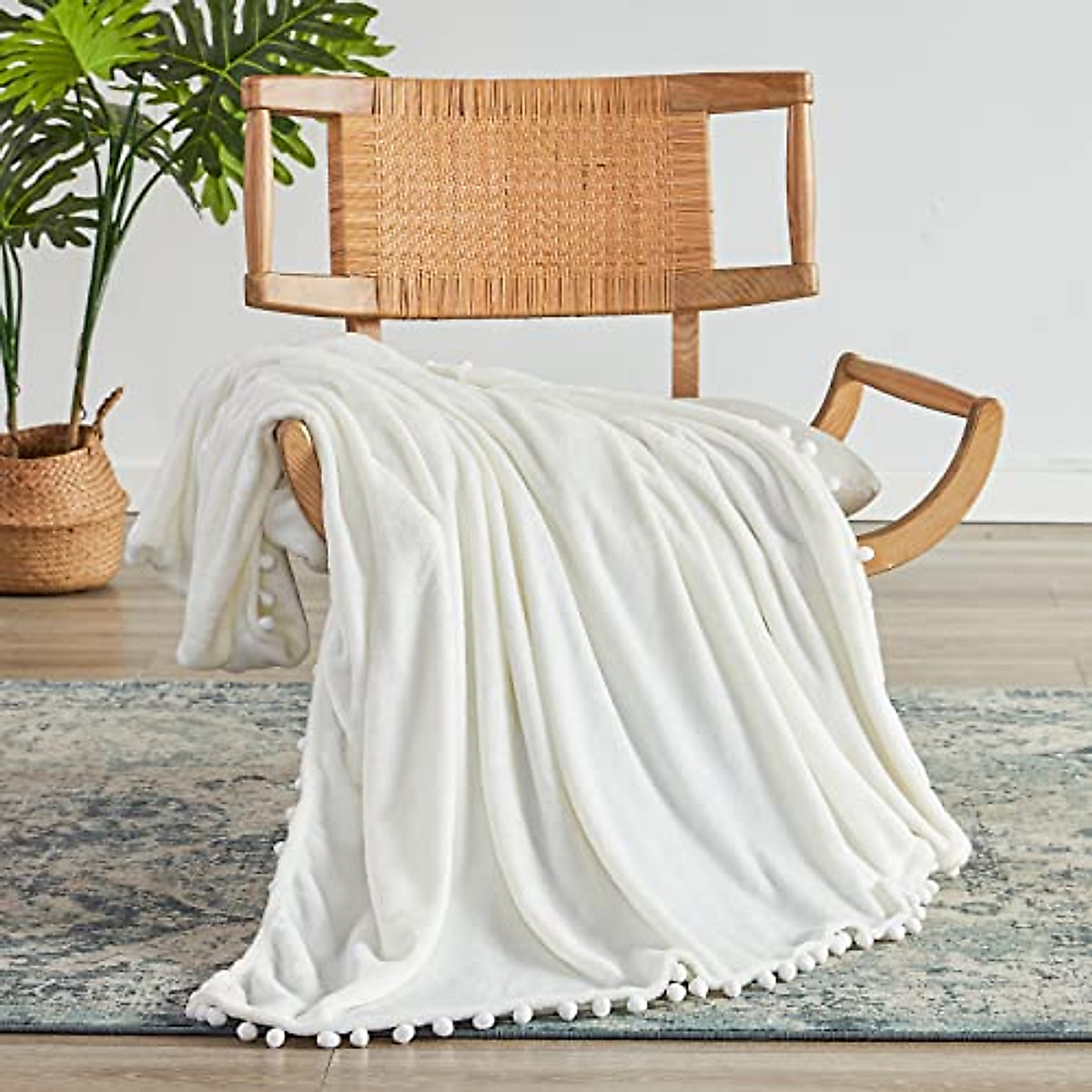 BEAUTEX Fleece Throw Blanket with Pompom Fringe, White Flannel Blankets and Throws for Couch, Super Soft Cozy Lightweight Plush Throw Blanket (50" x 60")