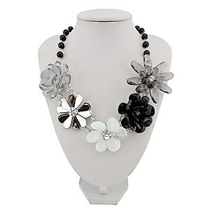 Bocar 5 Flower Braided Crystal Statement Chunky Necklace Bib Collar Pearl Jewelry for Women (NK-10127-black)