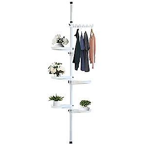 LOYALHEARTDY 6-Tier Indoor Plant Pole Spring Tension Rod Expandable Flower Pots Display Rack Stand Hanger Metal Corner Storage Shelf, Floor to Ceiling Shelf Space Saving, White