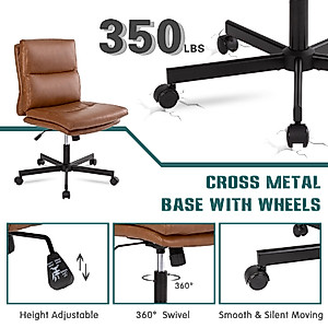 LUCKWIND Armless Office Desk Chair with Wheels, Mid-Back Criss Cross Swivel Task Chair, Height Adjustable Cushioned Vanity Chair, Double Padded PU-Leather Chairs for Home, Office & Bedroom (Brown)