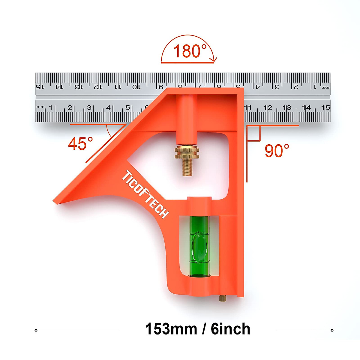 TICOFTECH Combination Square, 6 Inch/150mm, Set Square, Stainless Steel Ruler, Protractor Level Measure Measuring Set with Carpenter Pencils