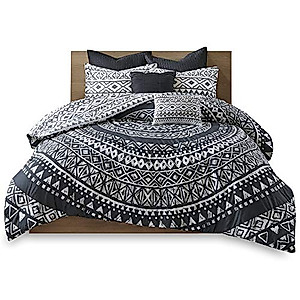 Urban Habitat Larisa Cotton Comforter Set-LuxeTraditional Design All Season Cozy Bedding with Matching Shams, Decorative Pillow, Full/Queen, Reversible Medallion Black 7 Piece