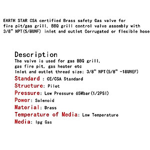 Meter Star CSA Certified Brass Safety Gas Valve for Fire Pit/Gas Grill, BBQ Grill Control Valve Assembly with 3/8" NPT(5/8UNF) Inlet and Outlet Corrugated or Flexible Hose