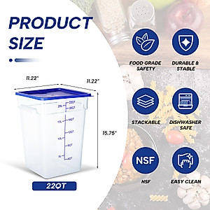 STEELUS 4 Pack Food Storage Containers, 22 Quart with Lids, Square Commercial Containers with Scale, Clear NSF Food Organizing, Polycarbonate