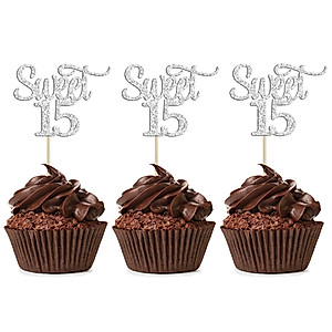 Gyufise 24Pcs Sweet 15 Cupcake Toppers Silver Glitter Fifteen 15th Birthday Cupcake Picks Age 15 15th Birthday Anniversary Party Cake Decorations Supplies