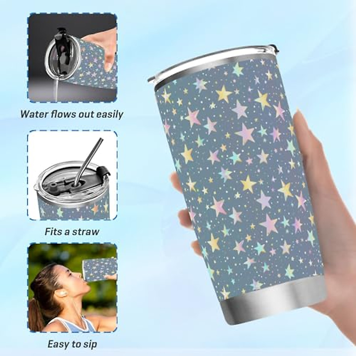 sanluoli Rainbow Color Star Pattern Stainless Steel cup for men Leak-proof Lid and Straw coffee mug fits in car for gym Aesthetic tumblers with lids and straws 20 OZ