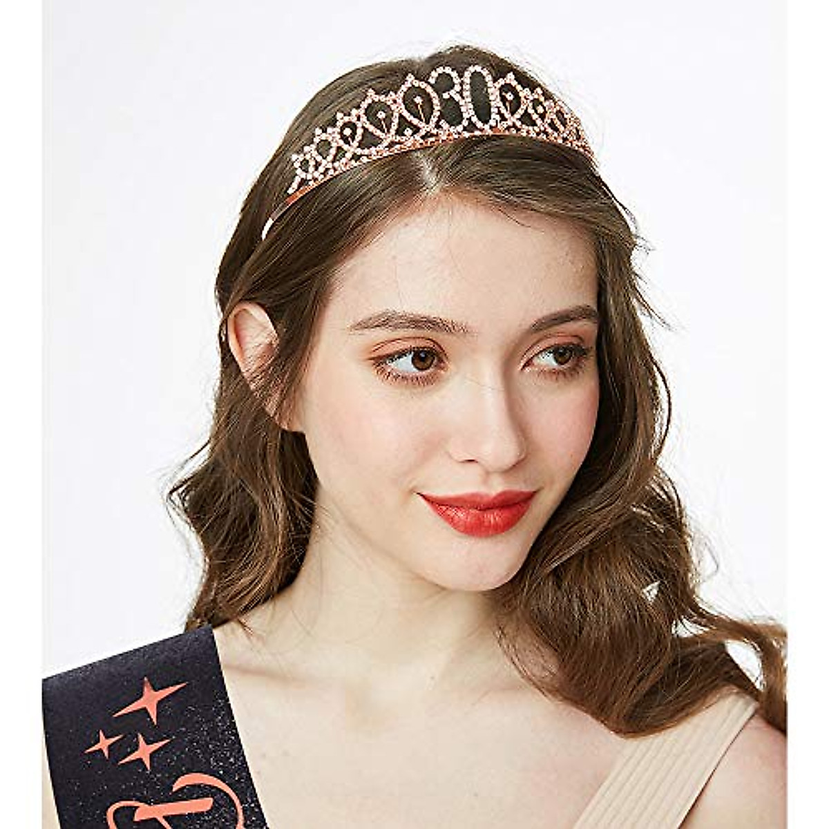 "Dirty Thirty" Sash & Rhinestone Tiara Set - 30th Birthday Gifts Birthday Sash for Women Birthday Party Supplies (Black Glitter/Rose Gold)