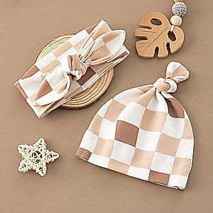 BabyWhale Muslin Swaddle Blanket with Hat and Headband Bow, Checkered Pattern Swaddle Set for Baby Boys ＆ Girls, Unisex Newborn Soft Receiving Swaddle Wrap, 47x47 inches