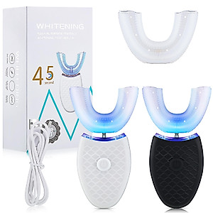 Romooa 2 Pieces Ultrasonic Electric Toothbrush Adults U Shaped Automatic Toothbrushes for Teeth Whitening, 3 Brush Heads, Whole Mouth 360 Degree Cleaning Hands Rechargeable IPX7 Waterproof (No Base)
