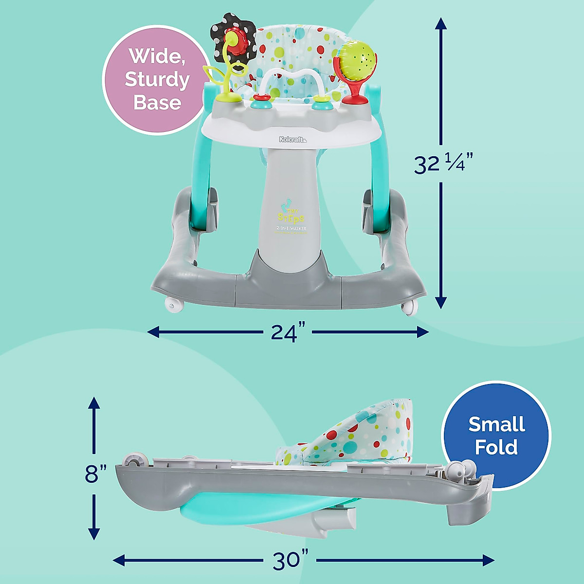 Kolcraft Tiny Steps 2-in-1 Infant & Baby Activity Walker - Seated or Walk-Behind, Jubliee