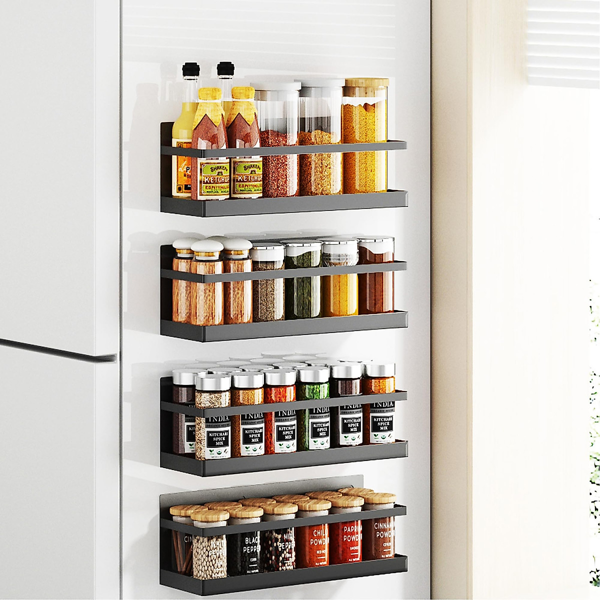 Roysili Spice Rack Magnetic Spice Rack Organizer Durable Magnetic Shelf For Refrigerator For Kitchen Organization And Storage With Hooks 2 Pack (White)