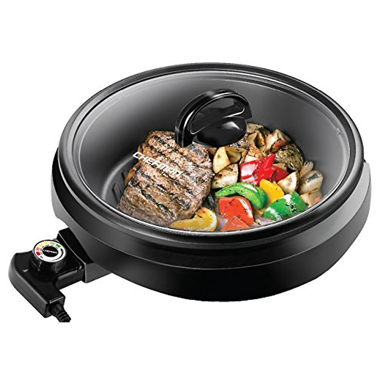 Chefman 3-In-1 Electric Indoor Grill Pot & Skillet, Slow Cook, Steam, Simmer, Stir Fry, 10-Inch Nonstick Raised Line Griddle Pan, Temperature Control, Tempered Glass Lid, 3-Quart, Black-Round