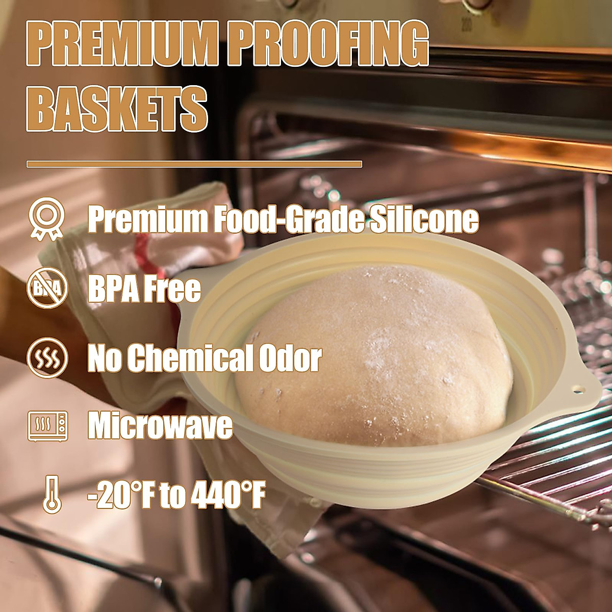 Silicone Banneton Bread Proofing Basket Set Of 2 -Sourdough Bread Baking Supplies, 9 Inch Round & 10 Inch Oval Foldable Bread Bowls, bread basket For Proofing Baskets With Essential Tools - Beige