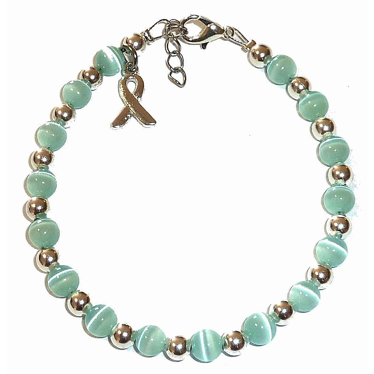 Cancer Awareness Bracelet, For Showing Support or Fundraising Campaign, Adult Size with Extension, 6mm Cat's Eye Beads. Comes Packaged. (Ovarian Cancer - Teal)