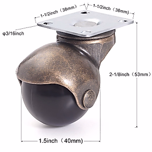 1.5 Inch Ball Caster Wheels, Small Wheels for Furniture, Furniture Casters Set of 4, Antique Brass Top Plate Castors for Furniture, Coffee Table, Ottoman (Screws Included)