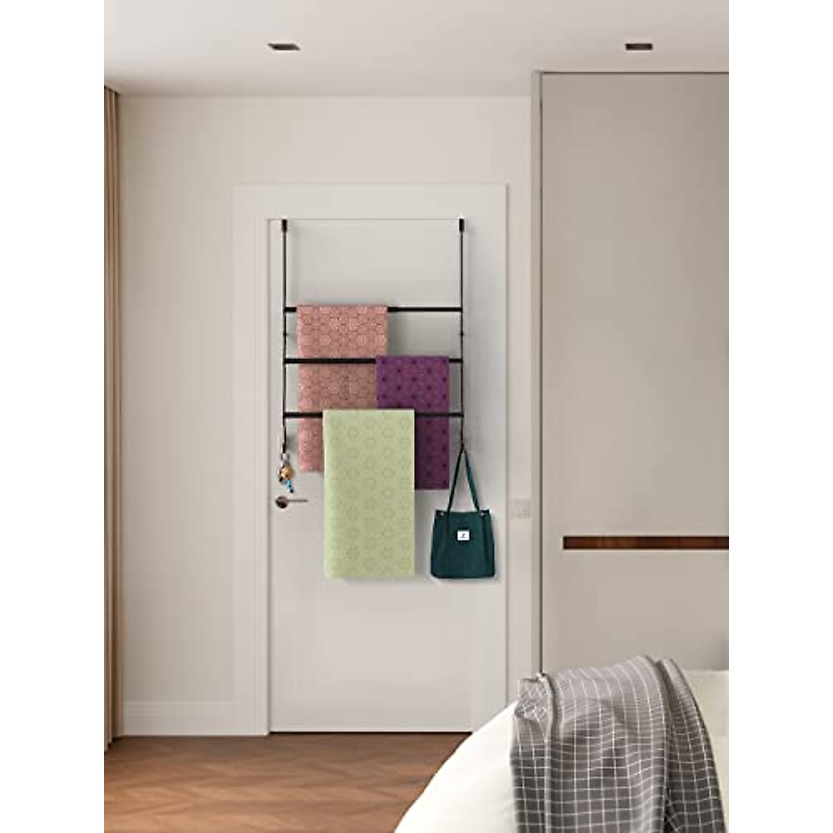 Elbourn Adjustable Over The Door Triple Towel Rack with Hooks, Towel Bar Hanger for Bathroom, Black