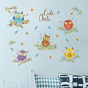 Amaonm Cute Owls Wall Decals 5 Owls on The Tree Branch Wall Stickers Removable DIY Butterfly Wall Decor Peel Stick Art for Home Walls Kids Bedroom Girls Nursery Room Living Room Bathroom Decoration